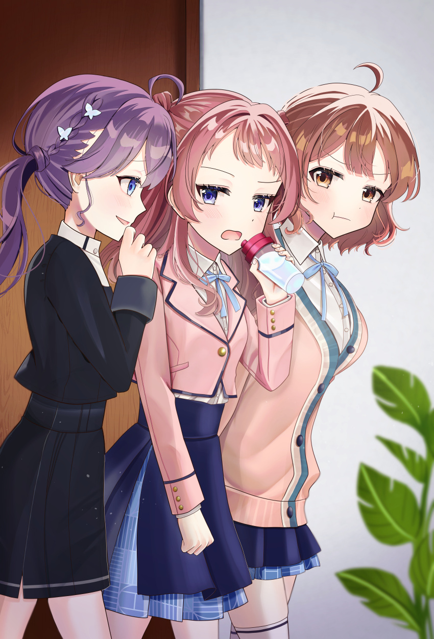 Safebooru - 3girls :t absurdres ahoge black jacket black skirt blue overskirt blue ribbon blue ...