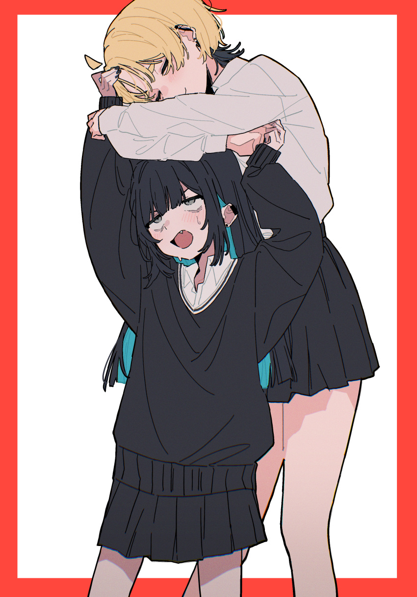 Safebooru - 2girls absurdres black hair black sweater blonde hair blue hair collared shirt ...