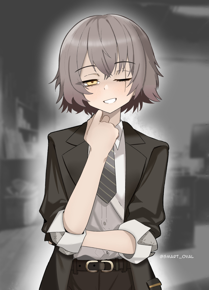 Safebooru - 1girl absurdres artist name black jacket black nails blush brown hair collared shirt ...