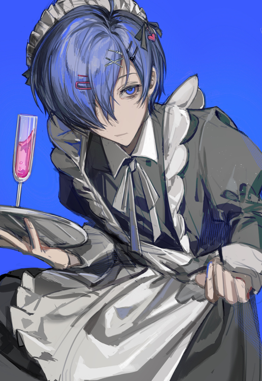 Safebooru - 1boy absurdres alternate costume apron baobing black bow black dress blue background ...