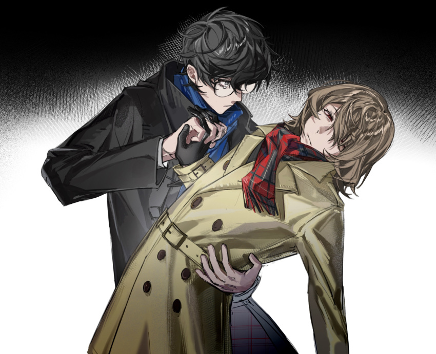 Safebooru - 2boys absurdres akechi gorou amamiya ren baobing belt black coat black eyes black ...