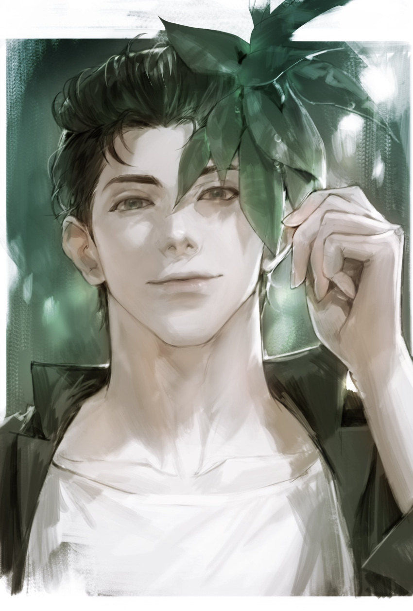 Safebooru - 1boy aaak 00000 arm up black hair black shirt closed mouth collarbone crew neck ...