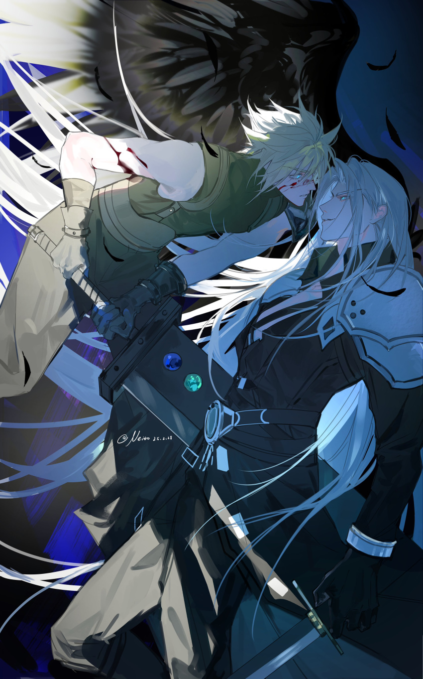 Safebooru - 2boys absurdres armor black coat black wings blonde hair blood blood on face blue ...