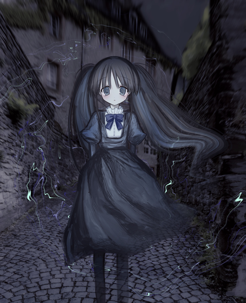 Safebooru - 1girl absurdres black dress black hair black pantyhose blue bow blue bowtie blue ...