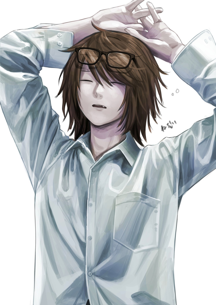 Safebooru - 1boy arms up black-framed eyewear brown hair closed eyes ...