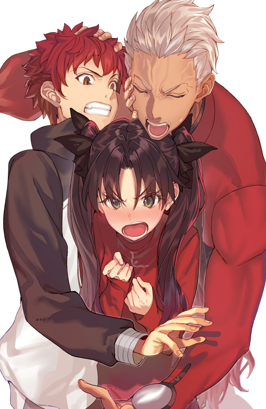Safebooru - 1girl 2boys angry archer (fate) black hair black ribbon ...
