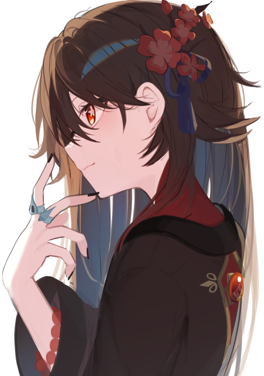 Safebooru - 1girl absurdres bead bracelet beads black nails bracelet brown hair brown shirt ...