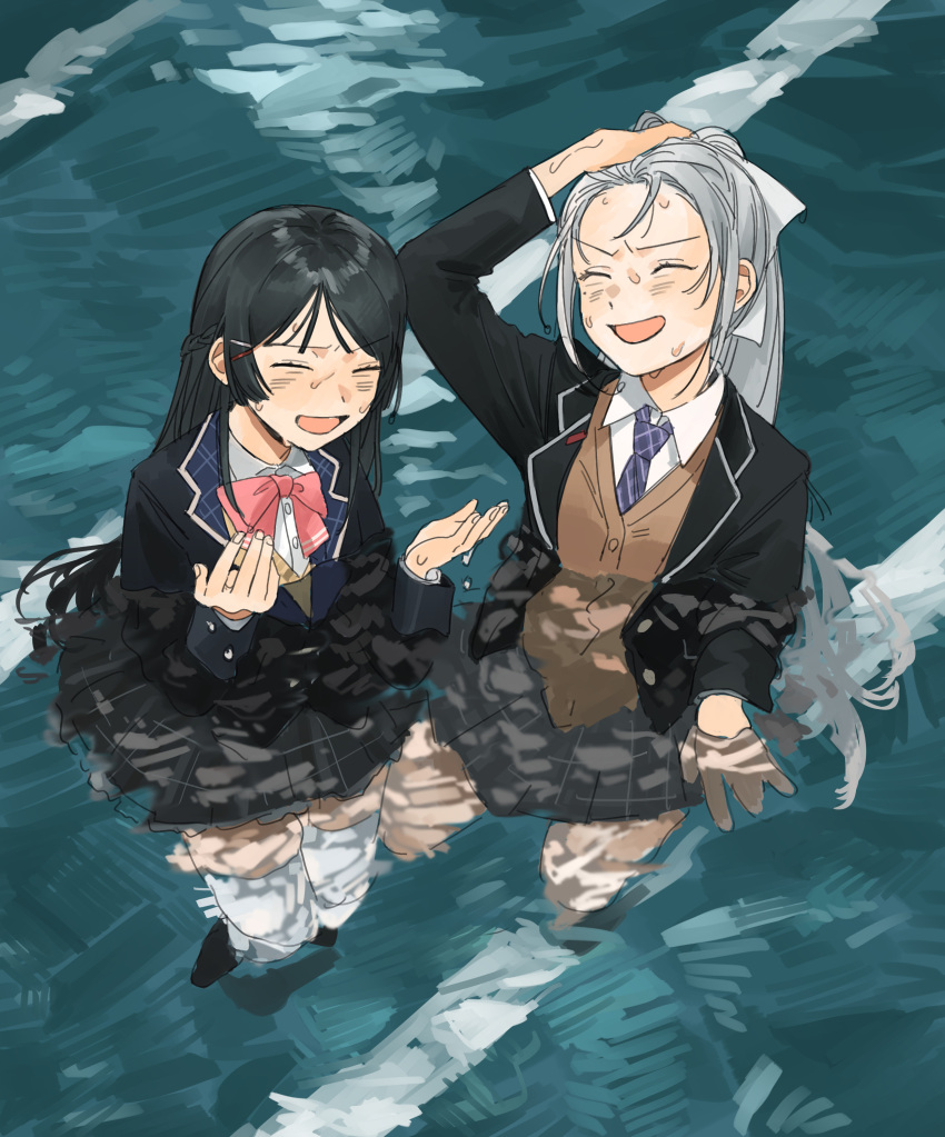 Safebooru - 2girls absurdres black hair black jacket blazer blush bow bowtie braid cardigan ...