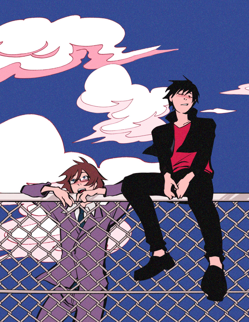 Safebooru - 2boys absurdres black hair blue sky brown eyes brown hair chain-link fence closed ...