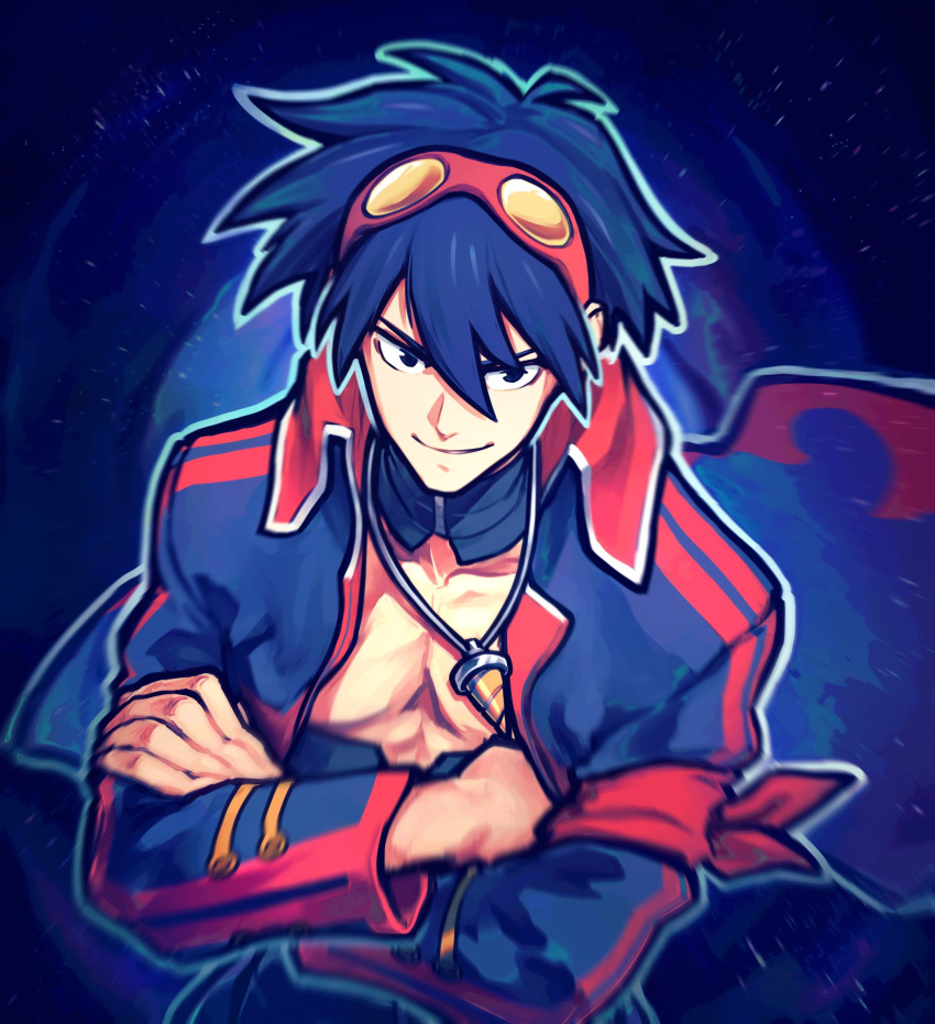 Safebooru - 1boy blue hair collar drill goggles goggles on head highres ...