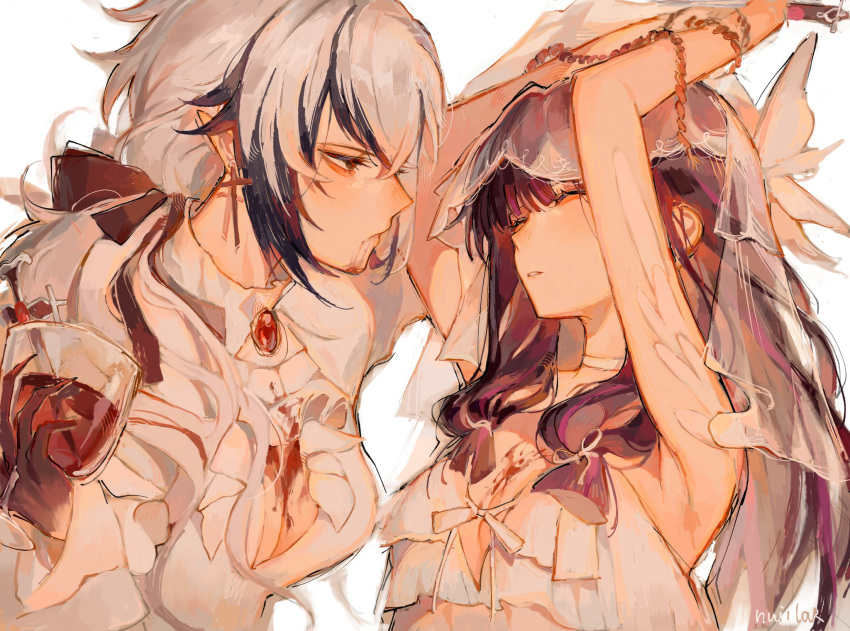 Safebooru - 2girls arlecchino (genshin impact) arms up ascot black eyes black hair blood blood ...