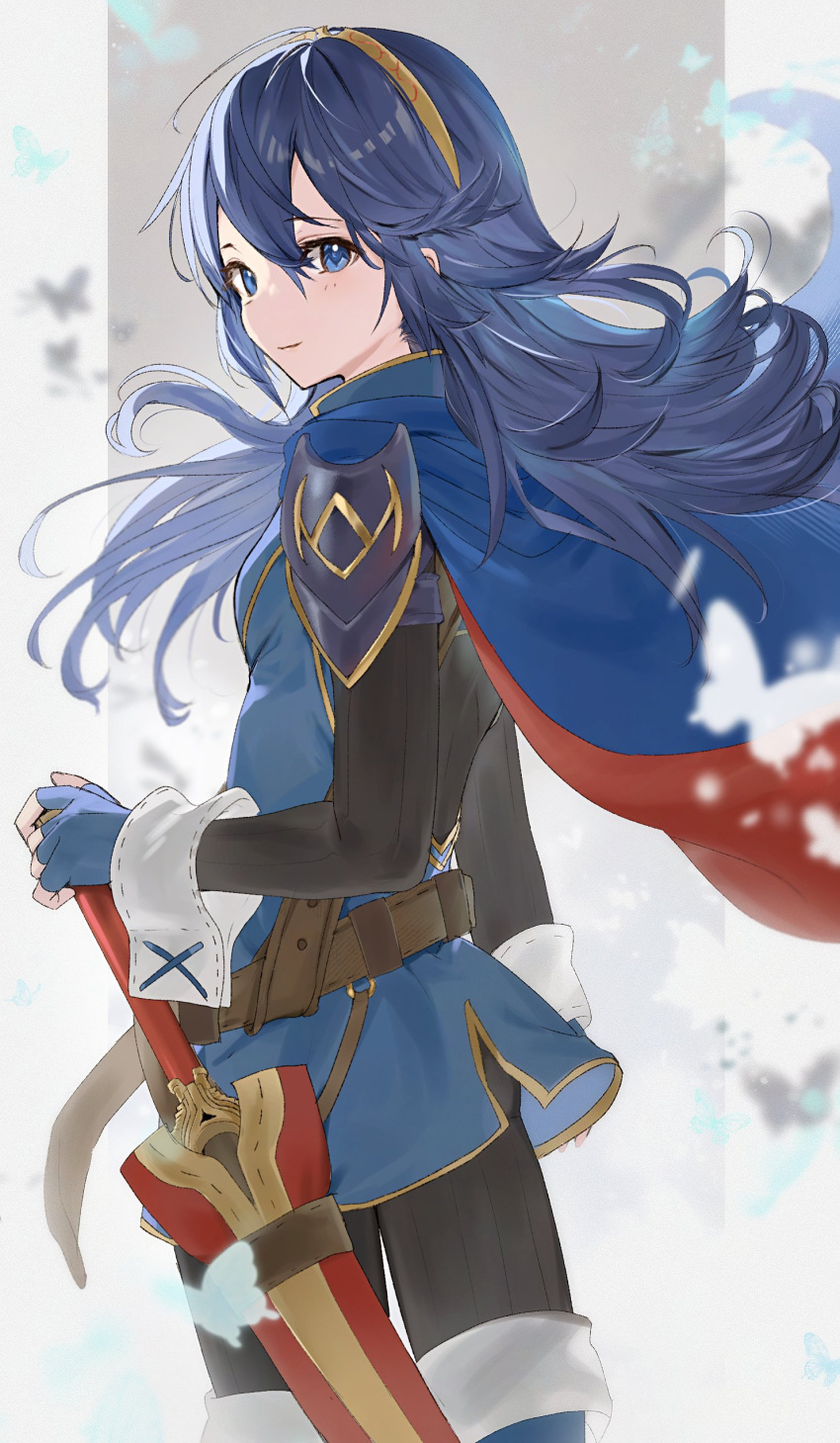 Safebooru - 1girl absurdres ass blue cape blue eyes blue gloves blue hair brand of the exalt ...