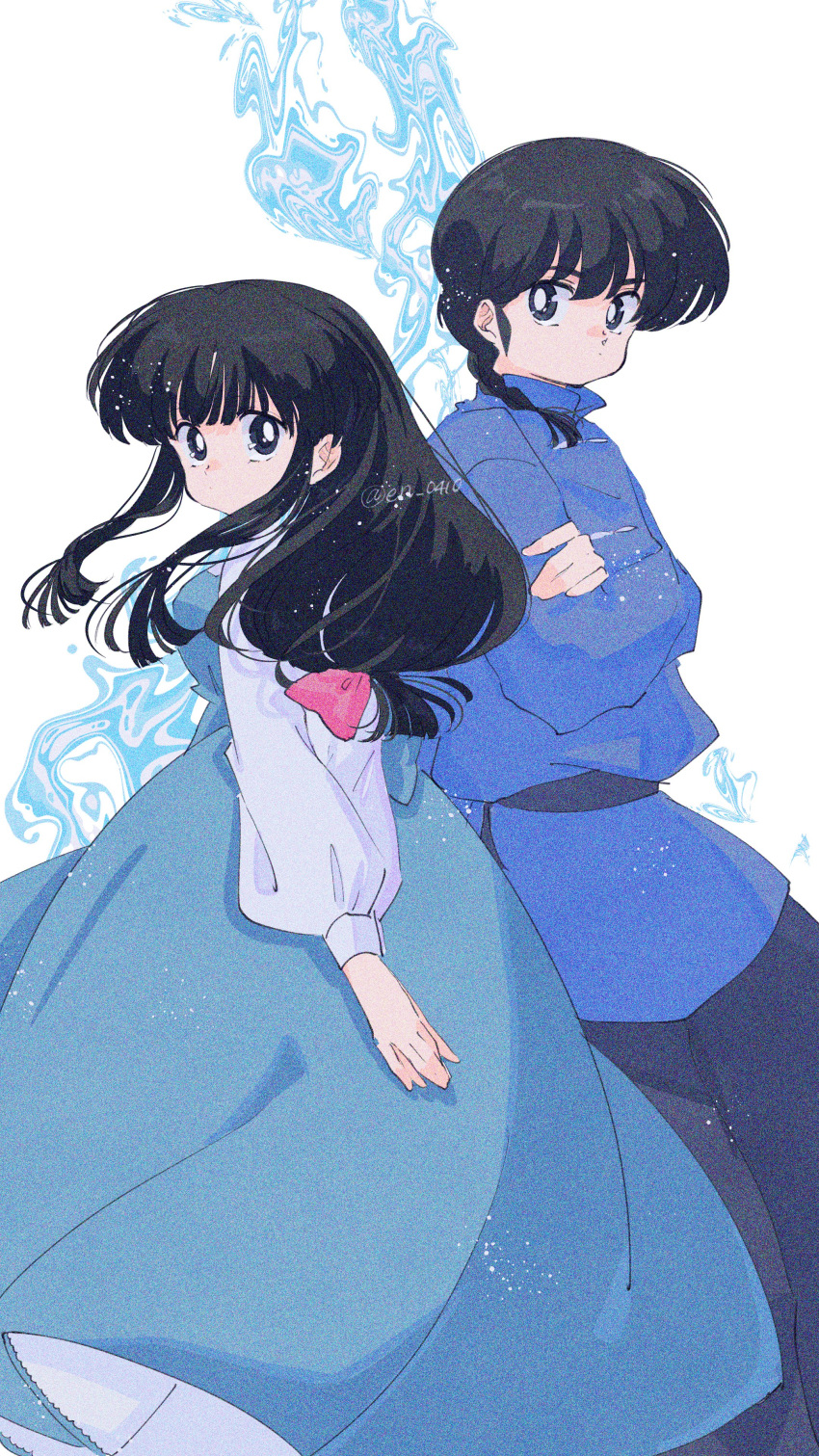 Safebooru - 1boy 1girl absurdres artist name black hair black pants blue dress bow braid braided ...