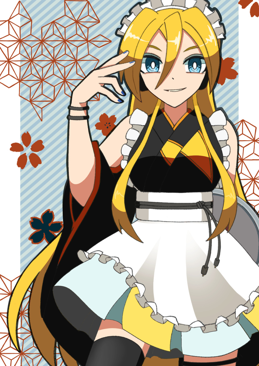 Safebooru - apron black kimono black thighhighs blonde hair blue eyes ...