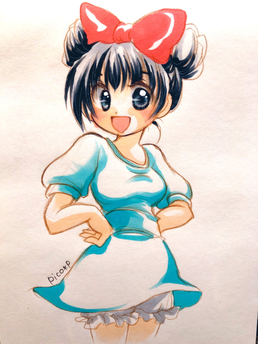 Safebooru - 1girl black hair blue dress bow disney double bun dress ...