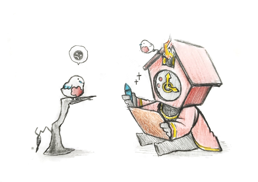 Safebooru - 1other baby bib bird black pants branch clock coat colored ...