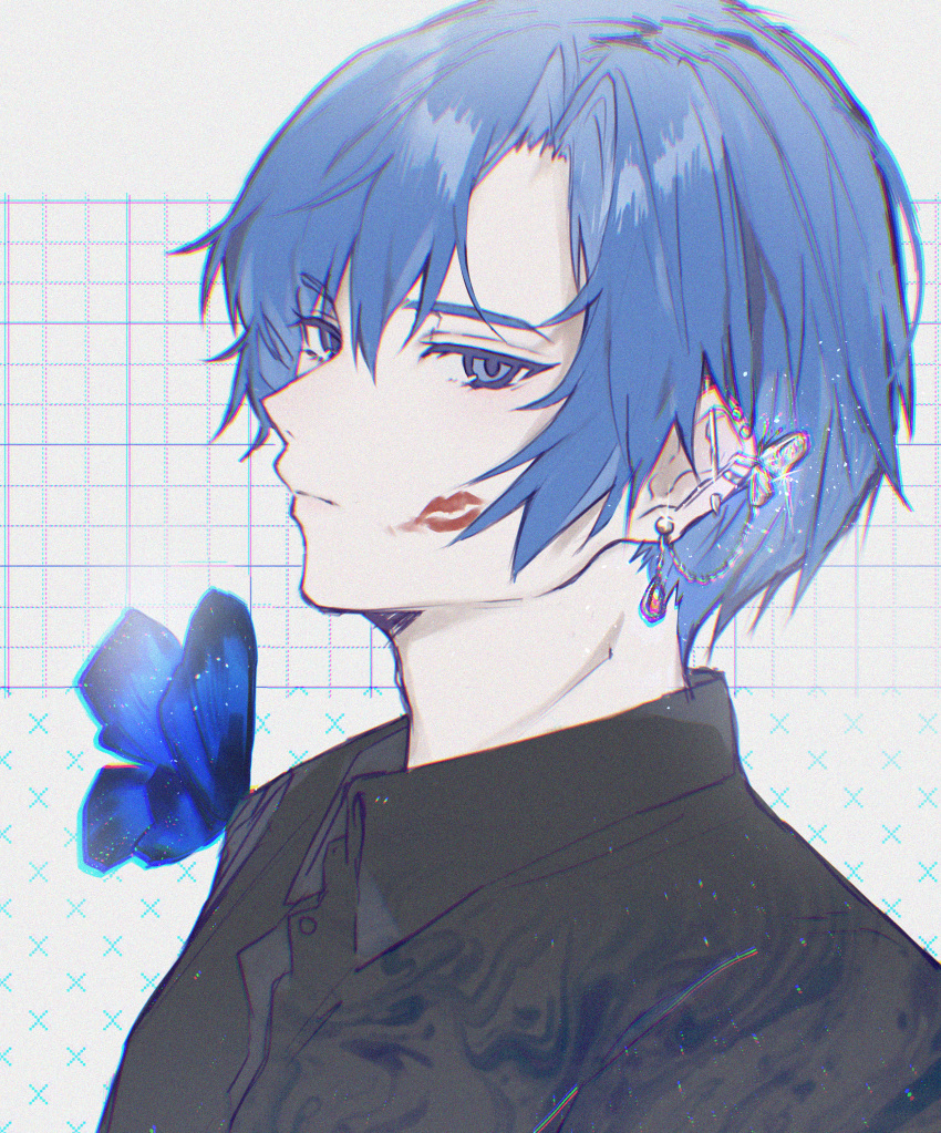 Safebooru - 1boy absurdres animal black shirt blue eyes blue hair bug butterfly closed mouth ...