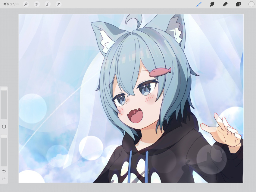 Safebooru - 1girl :3 :d ahoge animal ear fluff animal ears animal print black hoodie blue eyes ...