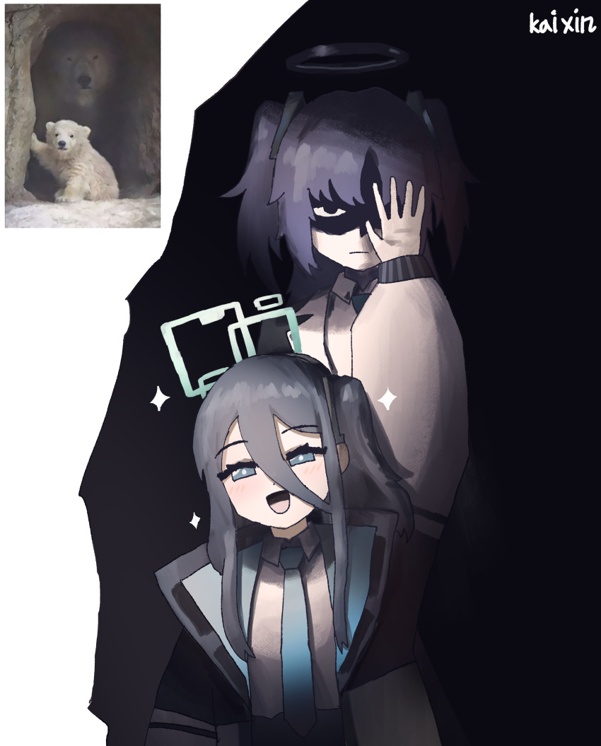 Safebooru - 2girls absurdres aris (blue archive) arm up artist name black hair blue archive ...