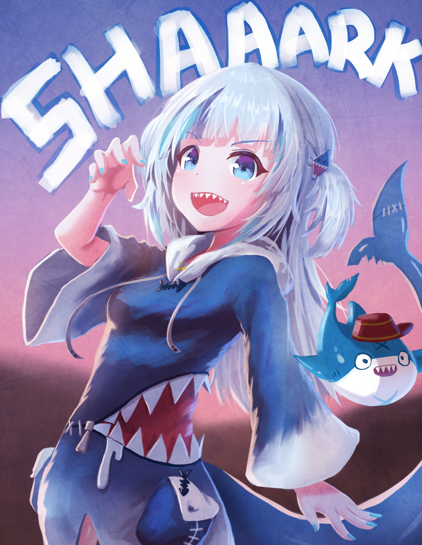 Safebooru - 1girl absurdres animal costume bloop (gawr gura) blue hair blue hoodie blue nails ...
