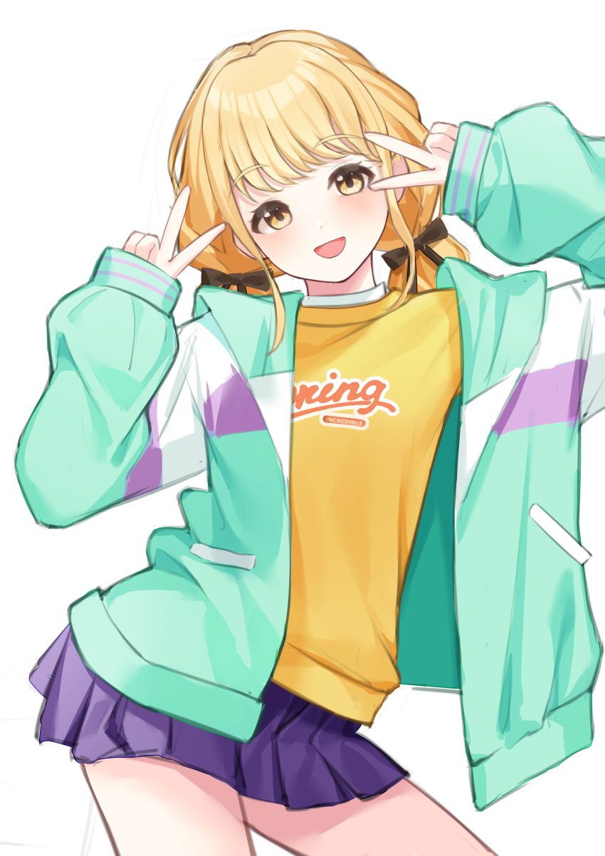 Safebooru - 1girl absurdres black ribbon blonde hair blue skirt blush braid commentary double v ...