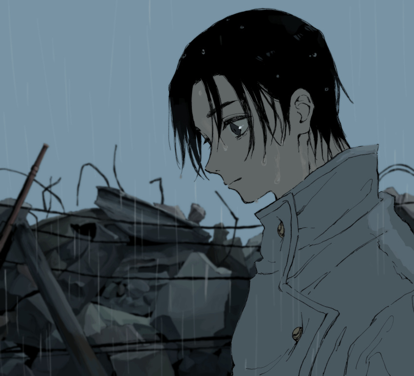 Safebooru - 1boy absurdres black hair closed mouth debris expressionless grey eyes highres ...