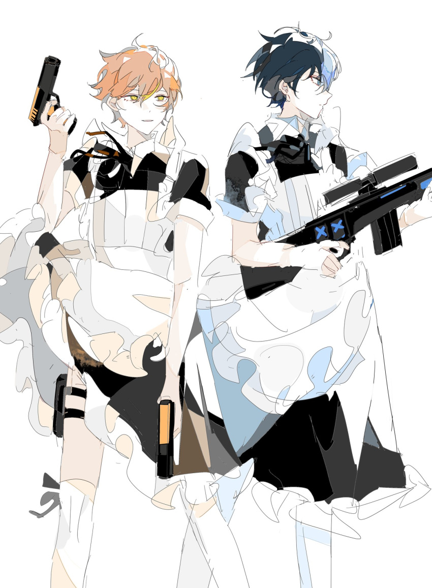 Safebooru - 2boys aoyagi touya apron arm up assault rifle black ribbon blonde hair blue hair ...