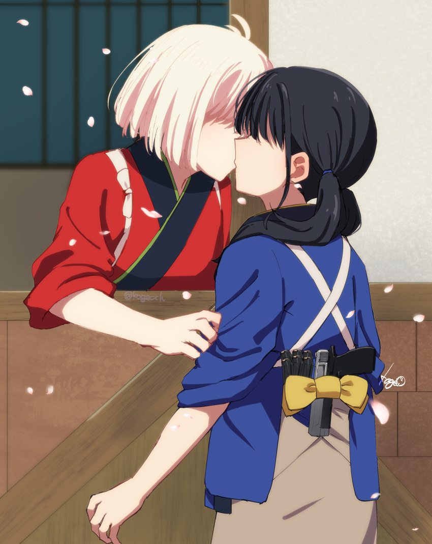Safebooru - 2girls absurdres black hair blonde hair blue kimono cherry blossoms commentary ...