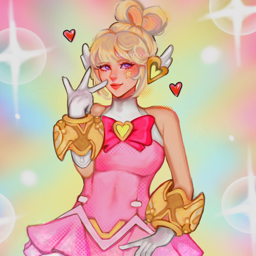 Safebooru - blonde hair bow dress gloves hair bun heart hair bun ...