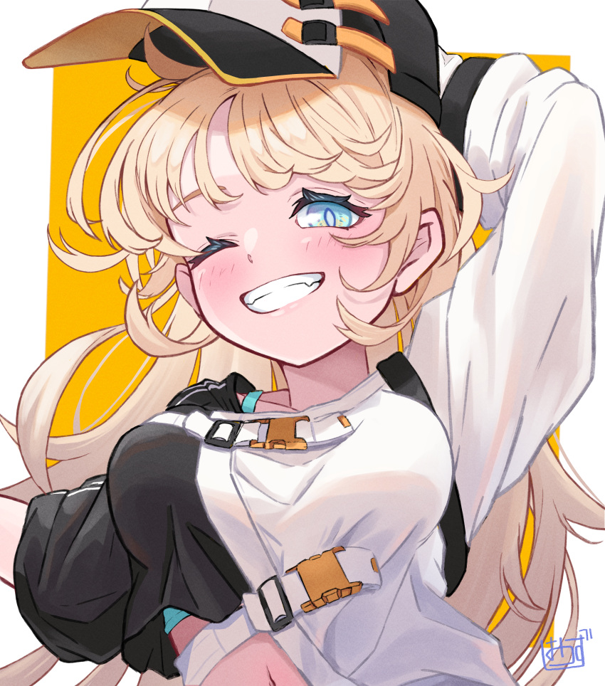 Safebooru - 1girl absurdres arm up blonde hair blush border commentary request green eyes grin ...