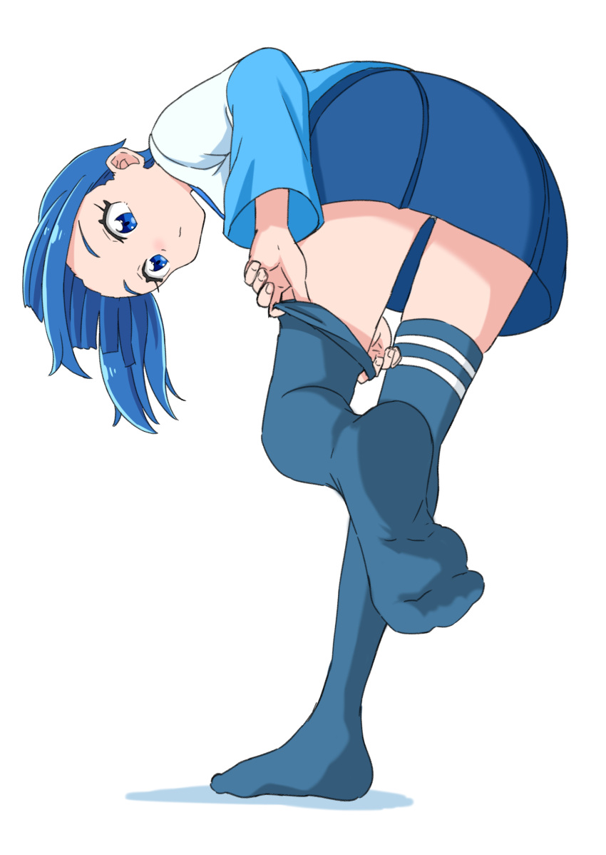 Safebooru - 1girl absurdres adjusting clothes adjusting legwear blue hair blue shirt blue skirt ...