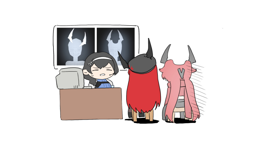 Safebooru - 3girls asymmetrical horns beret black hair blue shirt chibi ...