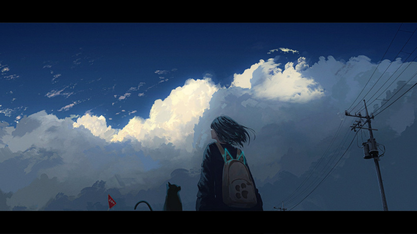 Safebooru - 1girl backpack bag blue sky cat chooco (chocoshi) clouds day highres original ...