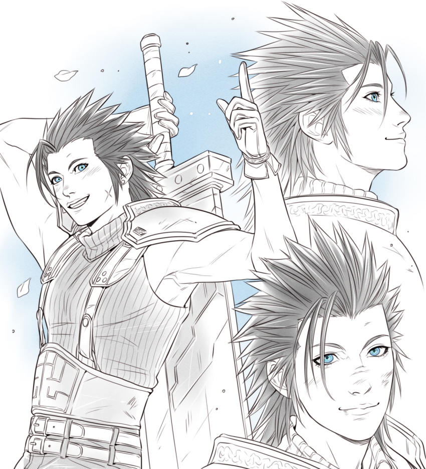 Safebooru - 1boy armor black hair blue eyes buster sword cross scar crylin6 dirty dirty face ...