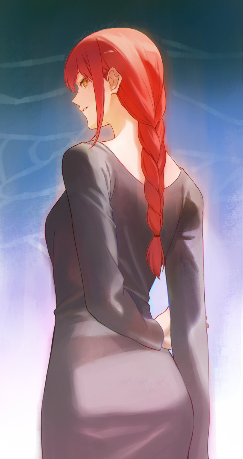 Safebooru - 1girl absurdres arm behind back black dress braid braided ponytail breasts chainsaw ...