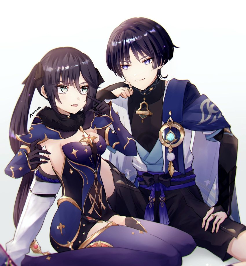 Safebooru - 1boy 1girl :p akanbe anemo symbol (genshin impact) aqua eyes armor artist name bad ...