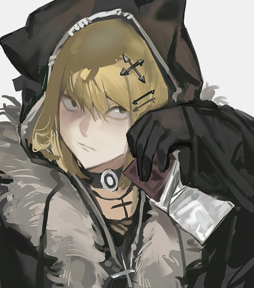 Safebooru - 1boy :/ absurdres alternate costume animal ear hood belt collar black collar black ...