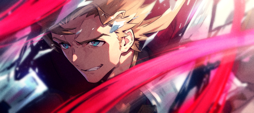 Safebooru - 1boy backlighting black shirt blonde hair blue eyes breaking clenched teeth close-up ...