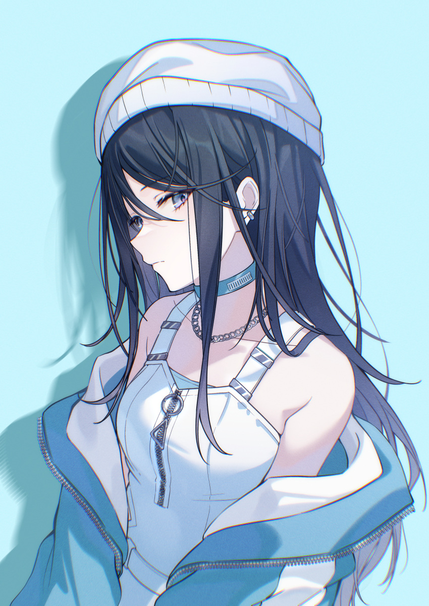 Safebooru - 1girl absurdres bare shoulders beanie black hair blue choker blue eyes blue jacket ...