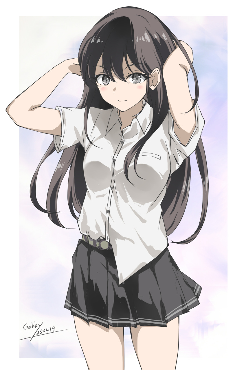 Safebooru - 1girl black hair black skirt blue ribbon blush breasts brown eyes collared shirt ...