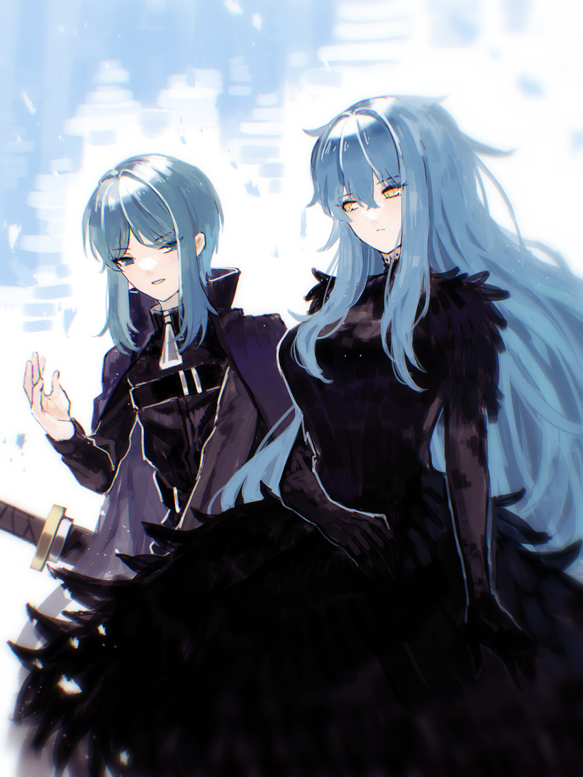 Safebooru - 2girls angela (project moon) bari (project moon) black dress blue background blue ...
