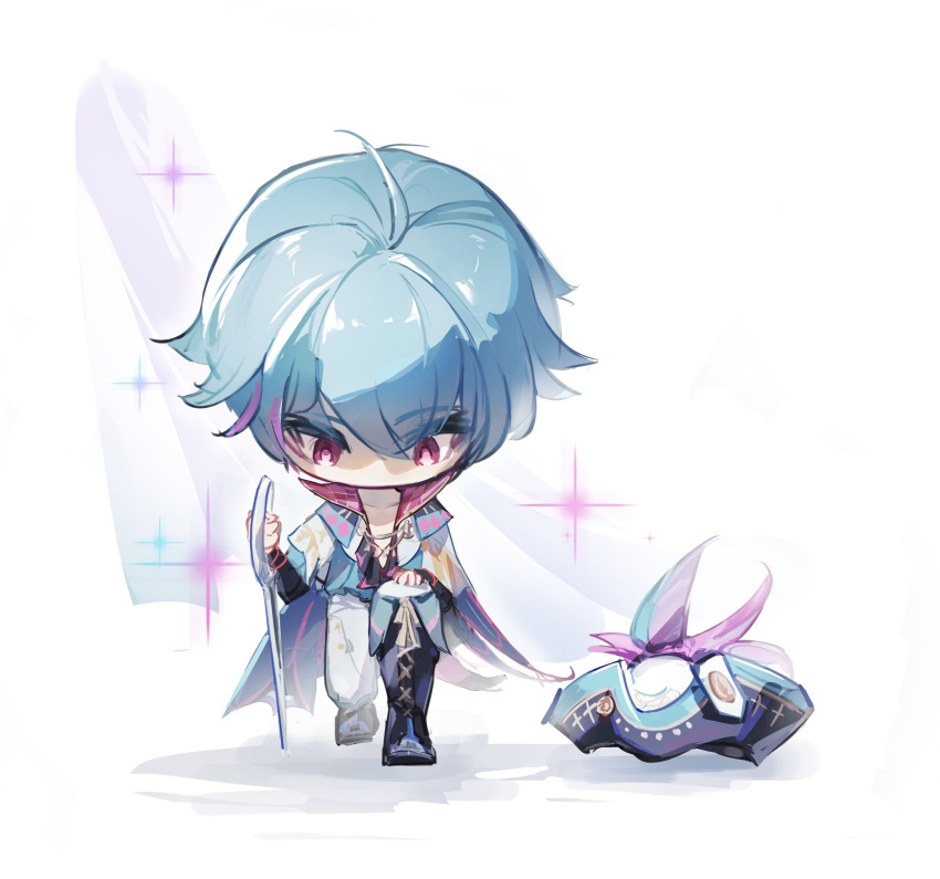 Safebooru - 1boy black boots blue hair blue shirt boots brant (wuthering waves) chibi chibi only ...