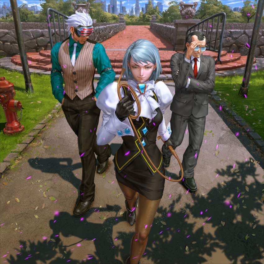 Safebooru - 1girl 2boys ace attorney ascot black vest dark-skinned male dark skin eye mask ...