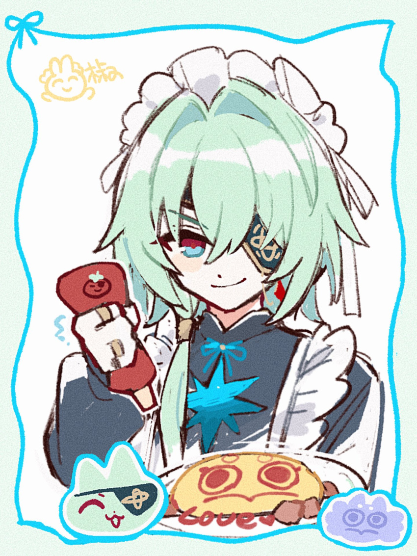Safebooru - 1boy anaxa (honkai: star rail) apron aqua hair closed mouth eyepatch food highres ...