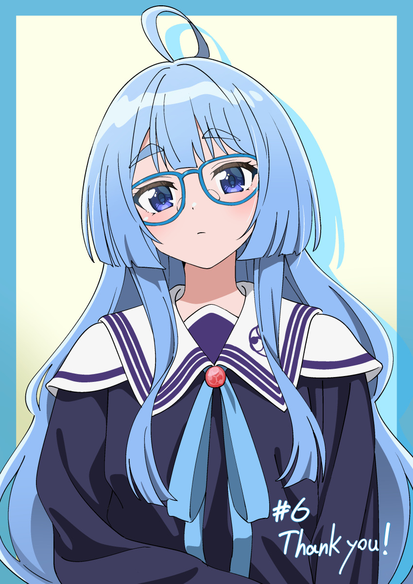 Safebooru - 1girl absurdres ahoge black shirt blue border blue eyes blue hair blush border ...