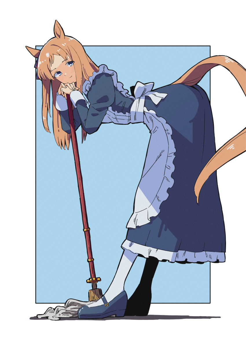 Safebooru - 1girl absurdres alternate costume animal ears apron black dress blue background blue ...