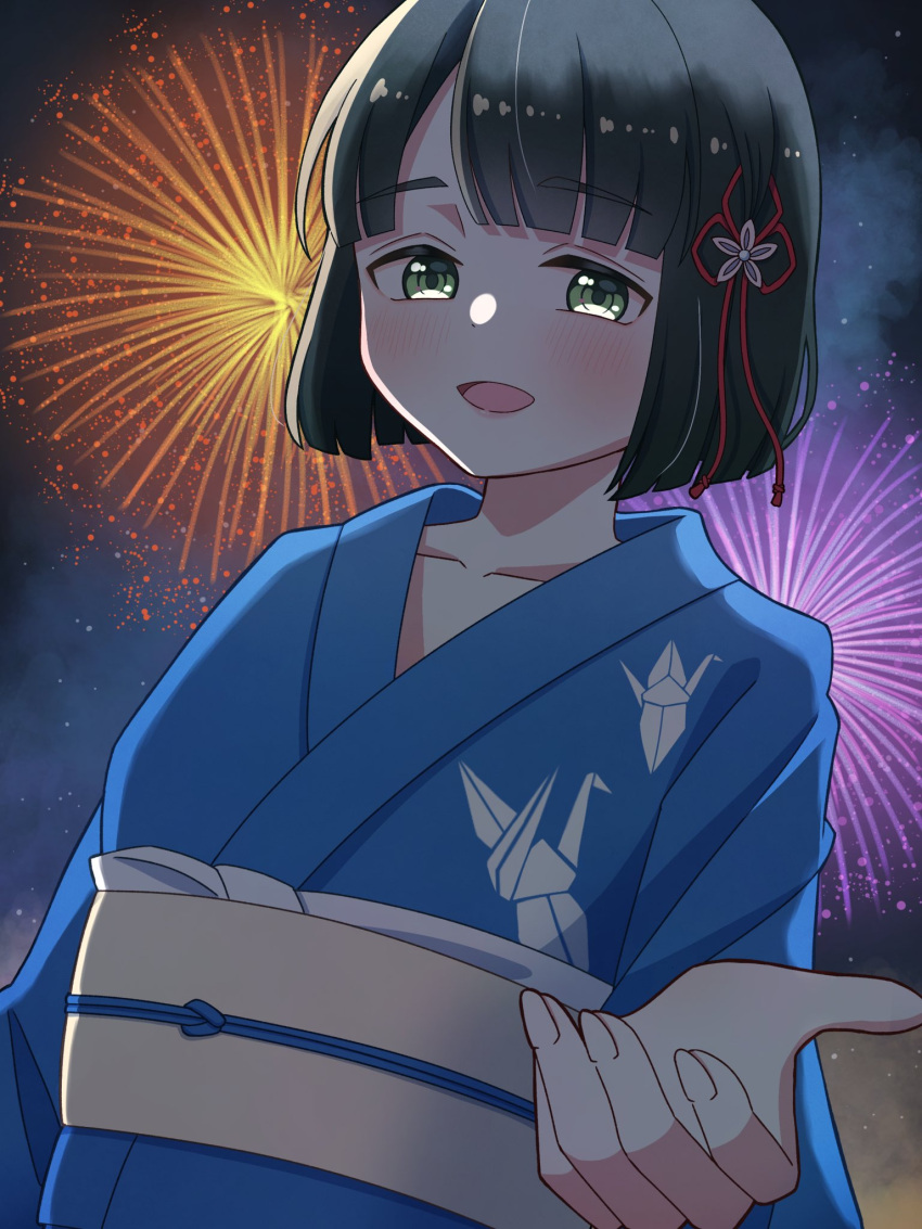 Safebooru - 1girl :d aerial fireworks black hair blue kimono blunt bangs blunt ends blush bob ...