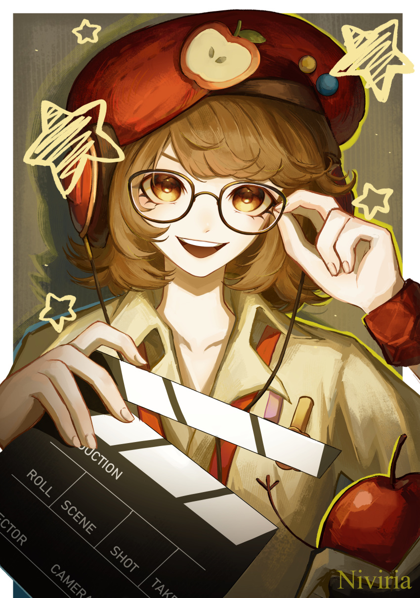 Safebooru - 1girl :d absurdres adjusting eyewear apple apple (reverse:1999) artist name beret ...