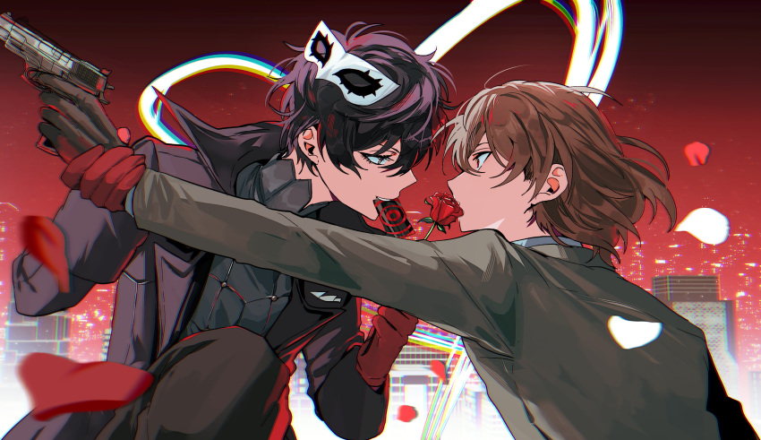 Safebooru - 2boys akechi gorou black gloves black hair curly hair ...