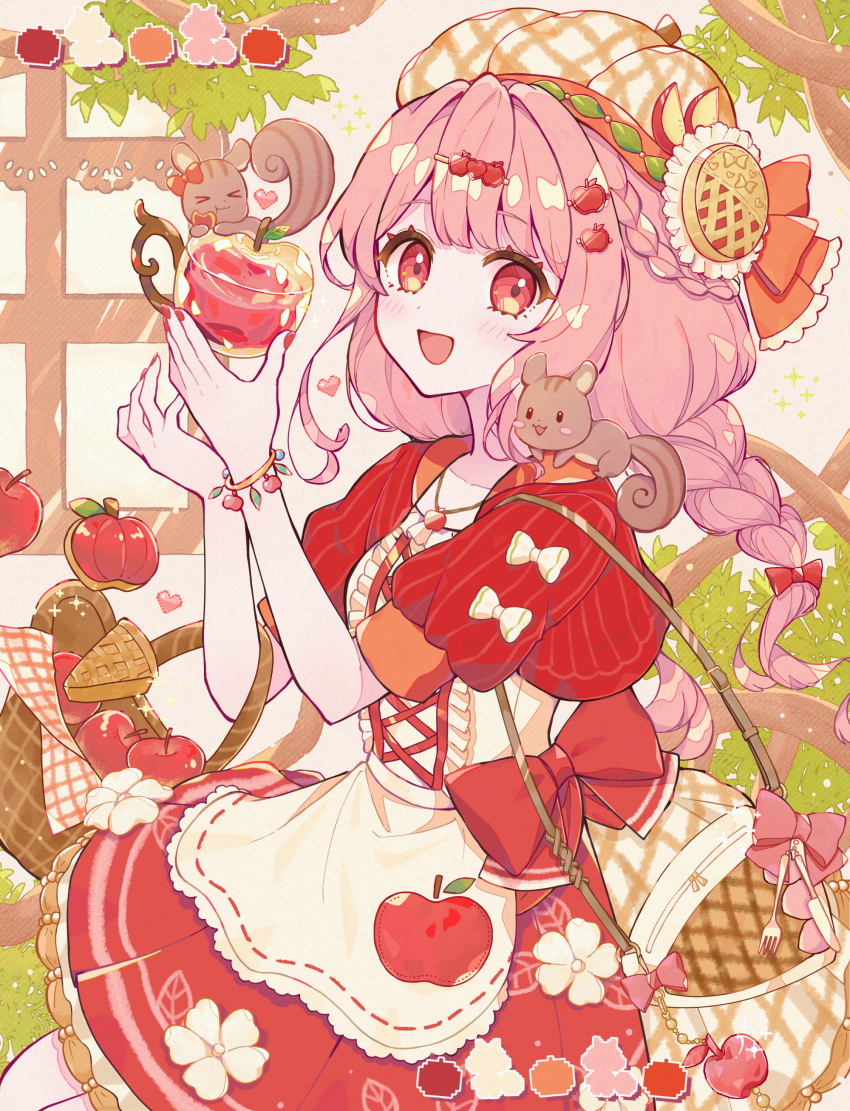 Safebooru - 1girl :d absurdres apple apron bag blush bow braid commentary request cowboy shot ...